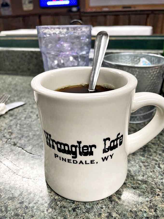 The official drinking vessel of Wyoming mornings. This coffee mug has probably witnessed more local gossip than the town barber.