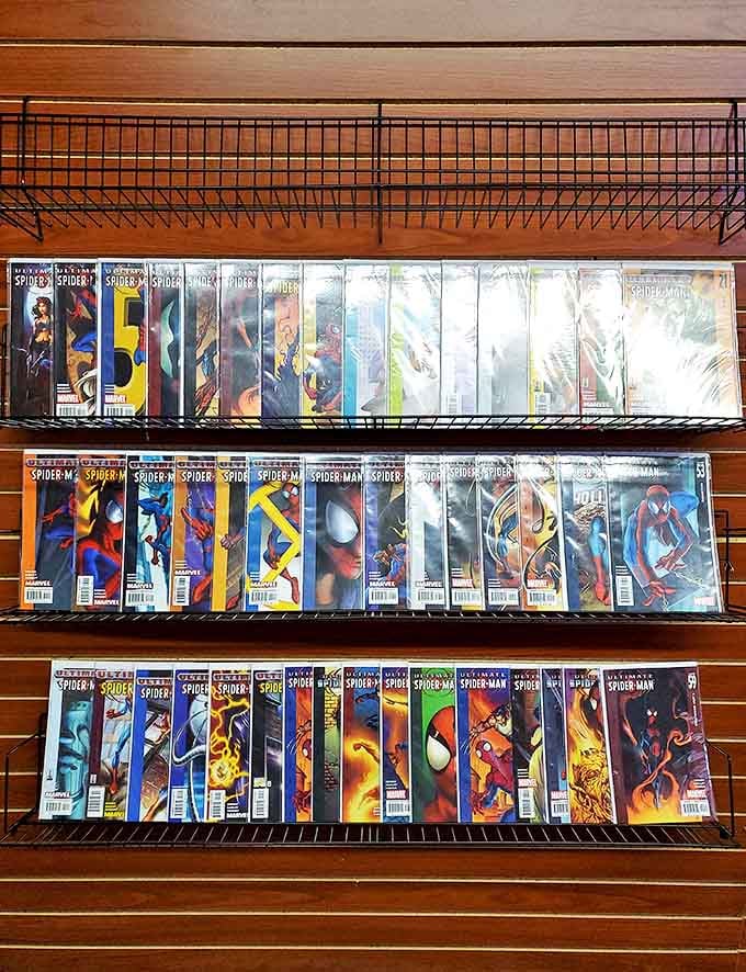 Spider-Man watches over his paper kingdom. Comic collectors know the real superpower is finding that missing issue in your collection.