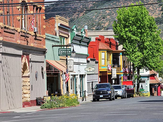 A rainbow of storefronts lines Yreka's historic district, each building telling its own story through century-old architectural details.