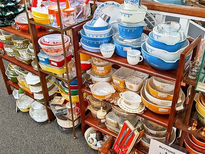 Pyrex paradise! The colorful cookware that grandmother used to make those dishes nobody has been able to replicate since. Patterns that defined decades of American kitchens.