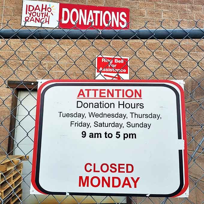 The donation schedule reveals the rhythm of this thrifting ecosystem – six days to give, six days to find, and Mondays to restock the treasures.