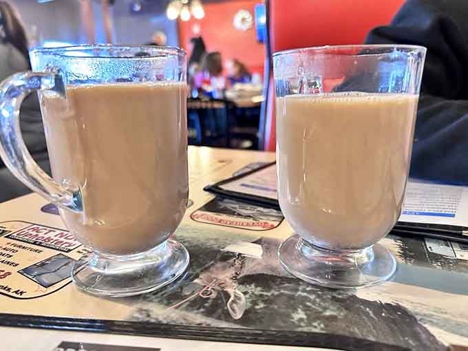 Hot coffee in glass mugs&mdash;because when it's minus 30 outside, you want to see the warmth you're about to consume.