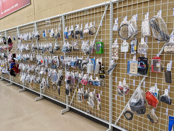 The wall of possibilities&mdash;each bagged item representing someone's upgraded technology and your potential bargain. Electronic roulette at its finest.