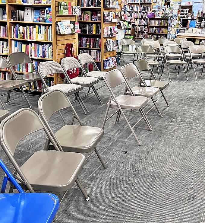 The event space transforms from quiet reading nook to vibrant community hub when authors come to share their latest works.