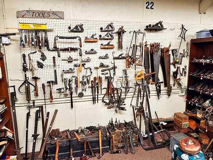 Tools that built America, displayed with reverence. These hammers, planes, and saws have stories embedded in their worn handles.