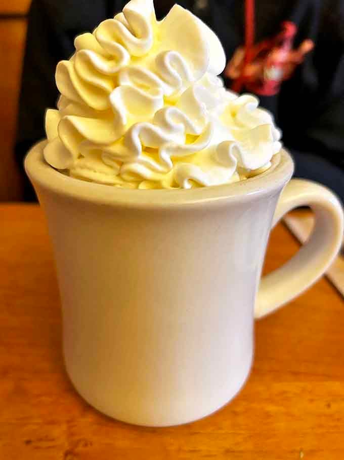 Hot chocolate that doesn't mess around. That whipped cream mountain deserves its own topographical map and possibly a tiny flag.