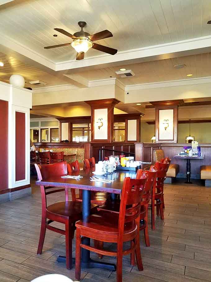 Warm wood tones and comfortable seating create the dining equivalent of a hug from your favorite aunt who always feeds you too much.