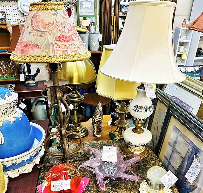 Lampshades and lighting that span decades sit together like old friends at a reunion, each with stories to tell about the homes they once illuminated.