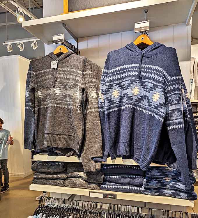 These patterned sweaters at Eddie Bauer aren't just clothing &ndash; they're wearable Michigan winter survival gear disguised as fashion statements.