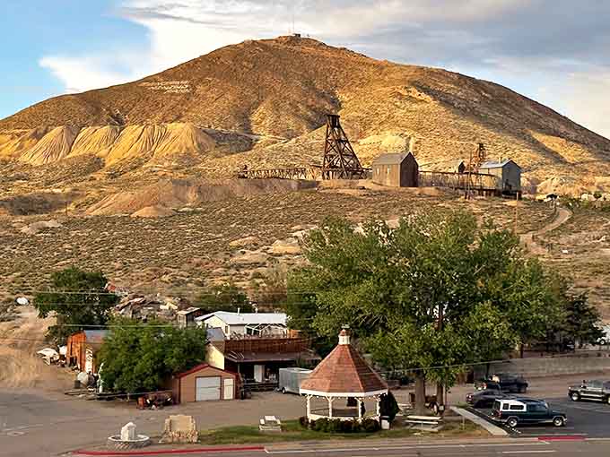 Mining history written into the landscape itself. That headframe silhouette against the sunset is Tonopah's version of the Eiffel Tower.