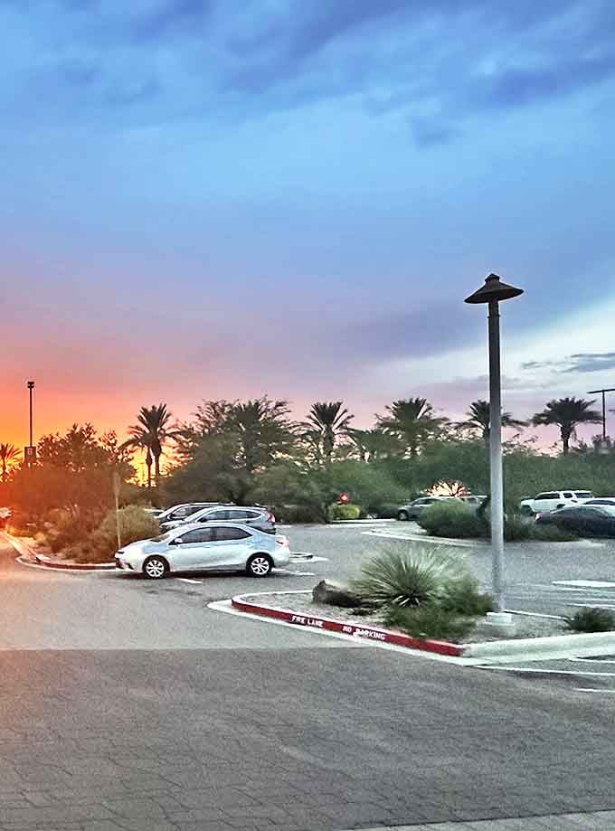 Even the parking area captures Arizona's magical sunsets, turning the end of a shopping day into a picture-perfect moment.