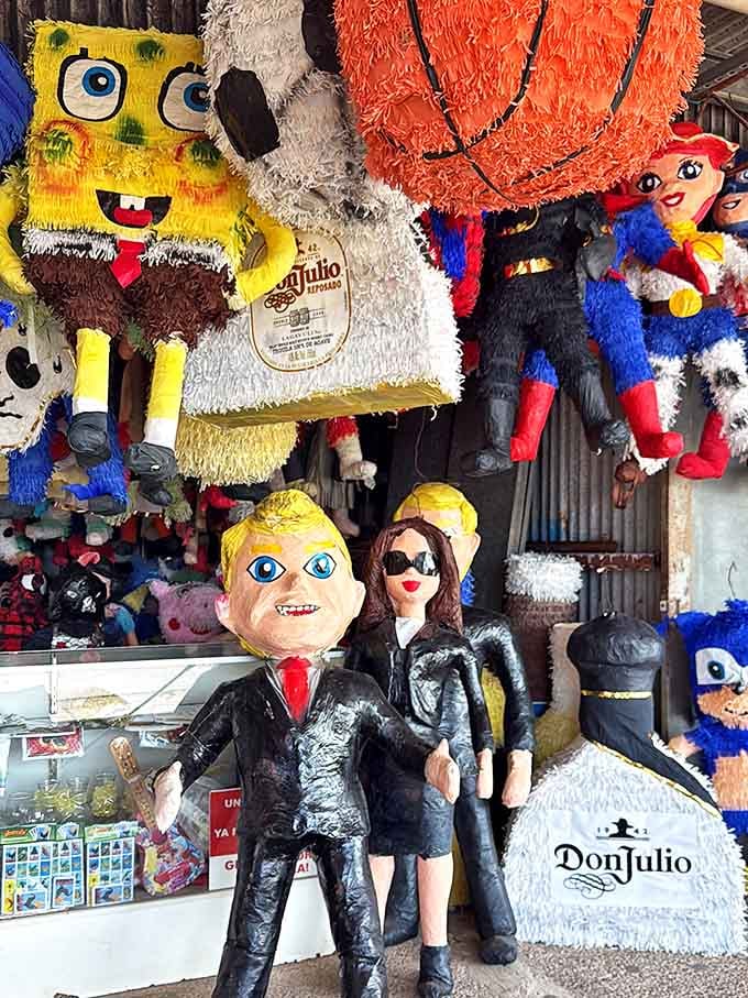 Pi&ntilde;ata politics on display! SpongeBob hangs alongside political figures&mdash;all equally likely to be whacked with a stick for their hidden treasures.