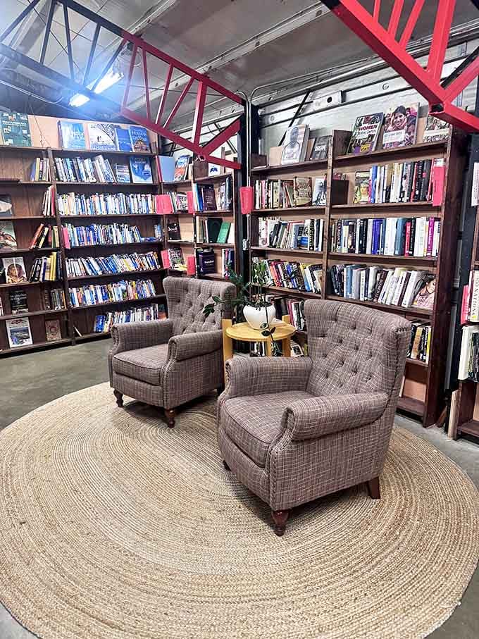 Two armchairs and a circular rug create the perfect reading nook&mdash;your own private island in a sea of stories.