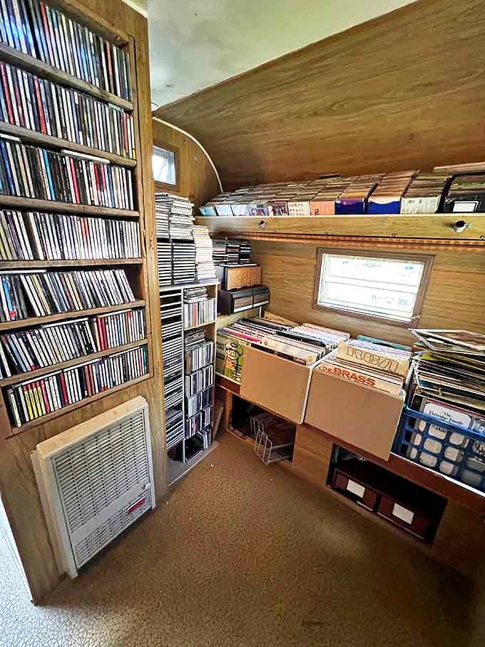 Vinyl heaven! This wood-paneled music nook houses thousands of albums, where forgotten one-hit wonders sit shoulder-to-shoulder with timeless classics.