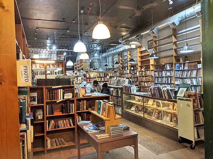 Industrial pendant lights illuminate pathways through literary forests, casting a warm glow that makes time slow to a crawl.