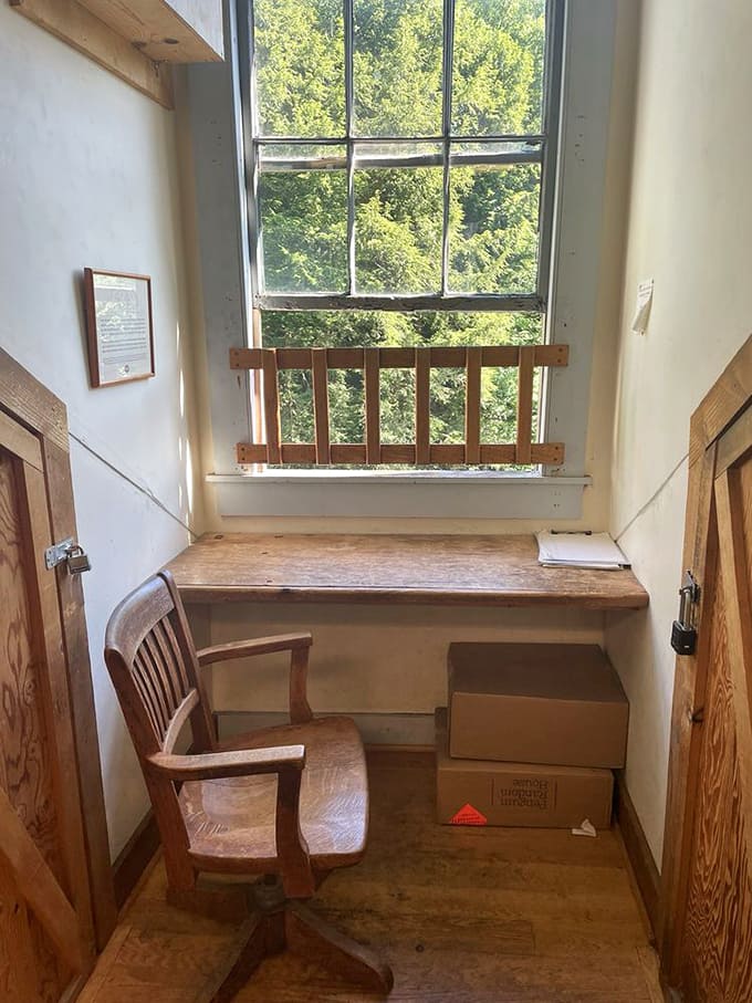 This tiny writing alcove overlooking the forest feels like the secret workspace of a novelist about to pen the next great American classic.