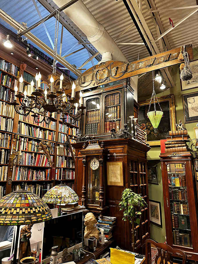 Tiffany lamps, antique woodwork, and a grandfather clock create the feeling you've stumbled into a Victorian gentleman's private library.
