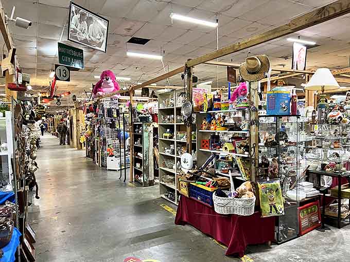 Climate-controlled aisles packed with vendor booths invite relaxed treasure hunting among furniture, toys, and quirky collectibles.