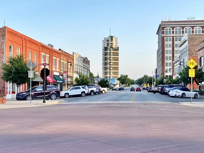 Bartlesville's downtown stretches toward the horizon, where art deco architecture meets small-town charm under the vast Oklahoma sky.