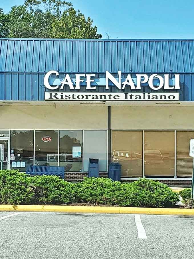 Cafe Napoli's bright blue roof stands out like a slice of sky. This unassuming storefront hides Italian treasures that locals have kept secret for too long.