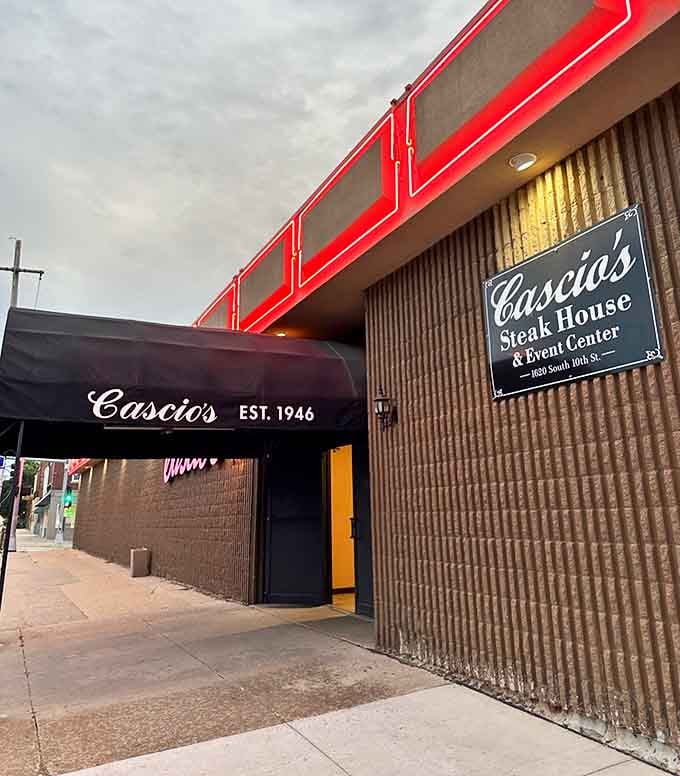 Classic neon tubing and retro signage announce you've arrived at an Italian-American steakhouse institution since 1946.