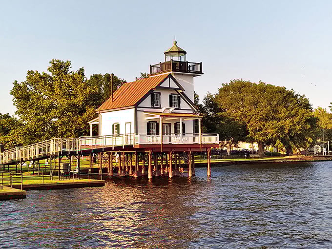 Edenton's waterfront lighthouse stands like a sentinel from another era. Perched on stilts above the water, it's a postcard come to life.