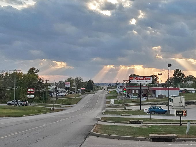 Dramatic skies create a cinematic backdrop for Excelsior Springs, where healing waters once drew visitors from across America.