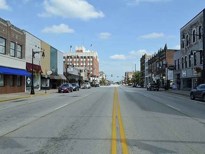 Galesburg's wide main street showcases historic buildings where time slows down, inviting visitors to explore at a leisurely pace.