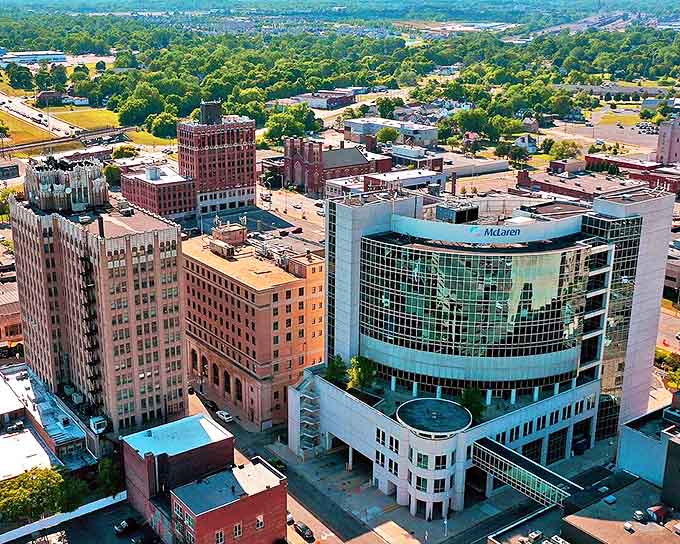 Pontiac's skyline tells a story of Michigan resilience, with historic architecture standing proudly alongside modern medical facilities.