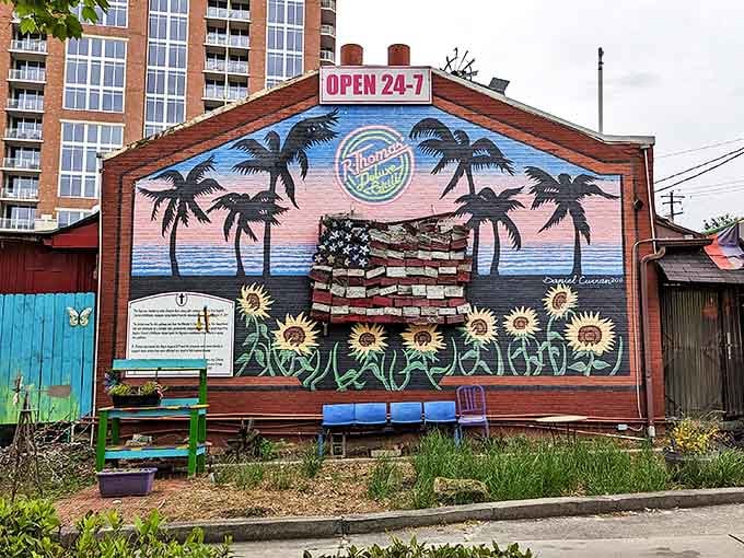 R. Thomas' colorful mural is like a psychedelic beach party for your eyes before the feast for your stomach begins.