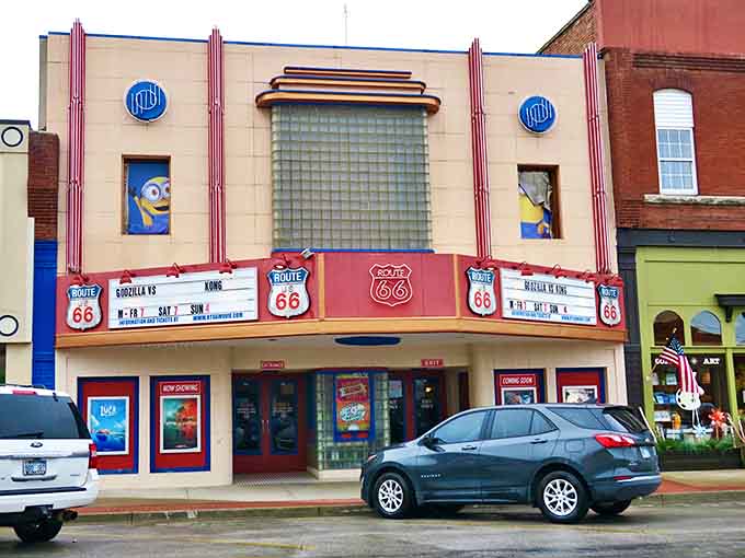 Webb City's charming downtown theater showcases classic Route 66 nostalgia with colorful murals and vintage movie house appeal.