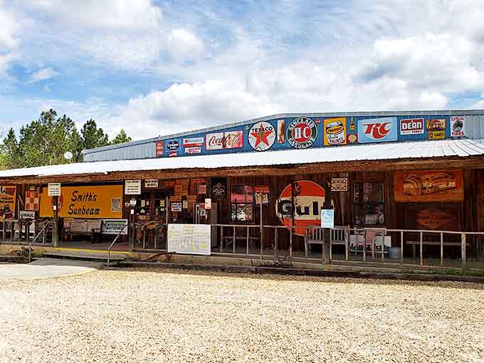 A rustic roadside storefront showcases vintage signs and antiques, hinting at the eclectic finds waiting inside.