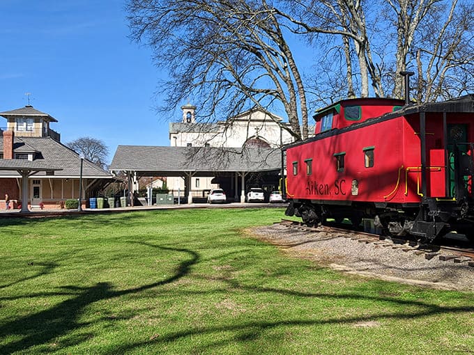 Aiken's red caboose stands as a colorful reminder of railroad days gone by, now permanently "at rest" in this equestrian town.