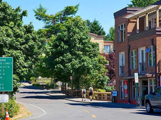 Shady trees line Friday Harbor's winding streets where pedestrians enjoy a leisurely stroll through this picturesque island town.