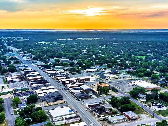 Aerial view of Henryetta reveals a patchwork quilt of homes, businesses, and open spaces&mdash;small-town living at its finest.
