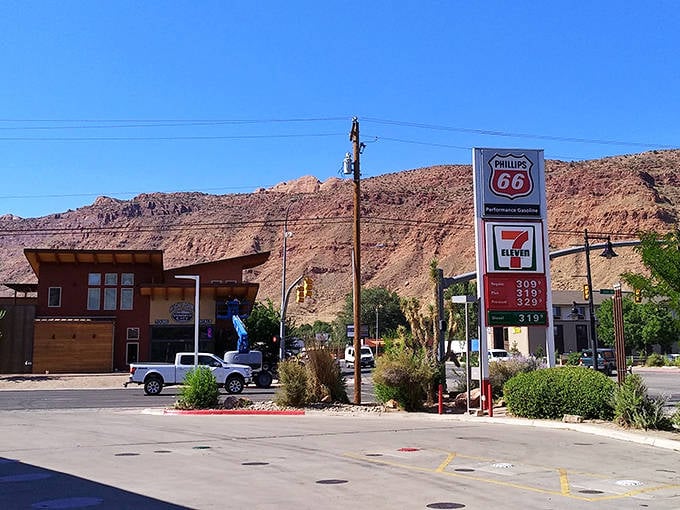 Even the gas stations look good here, with red rock formations creating a backdrop that beats any billboard.