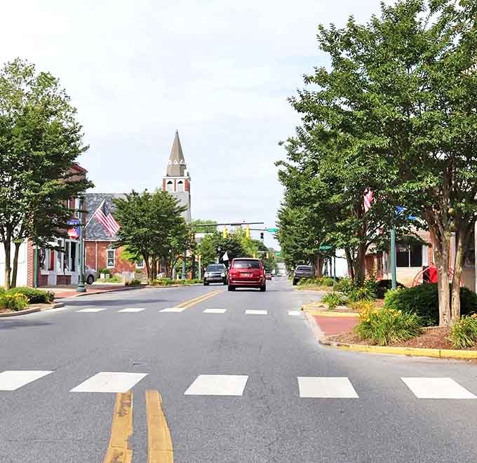 Where history meets hometown pride. Seaford's charming downtown invites leisurely strolls past brick buildings and American flags.