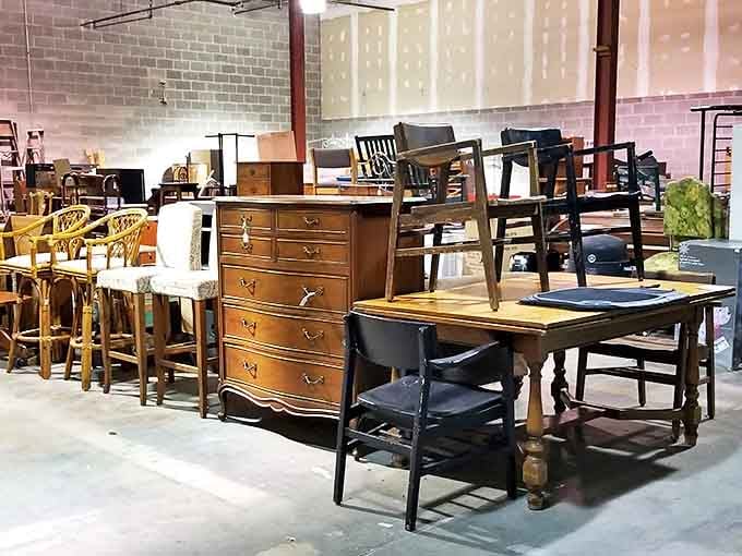 Furniture heaven at Trader Buck's! These wooden treasures have witnessed decades of family dinners and are ready for their next chapter.
