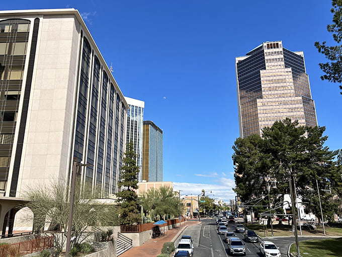 Downtown Tucson's modern buildings and tree-lined streets create a walkable urban environment where your dollars stretch further than expected.