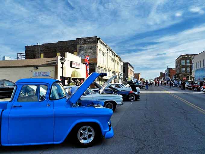 Webb City's downtown comes alive during classic car shows, where vintage automobiles line the historic streets for community enjoyment.