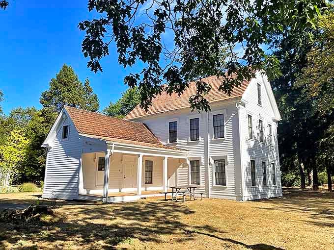 The historic Borst Home stands pristine in its whitewashed glory, looking like it's waiting for Laura Ingalls Wilder to skip across the front porch.