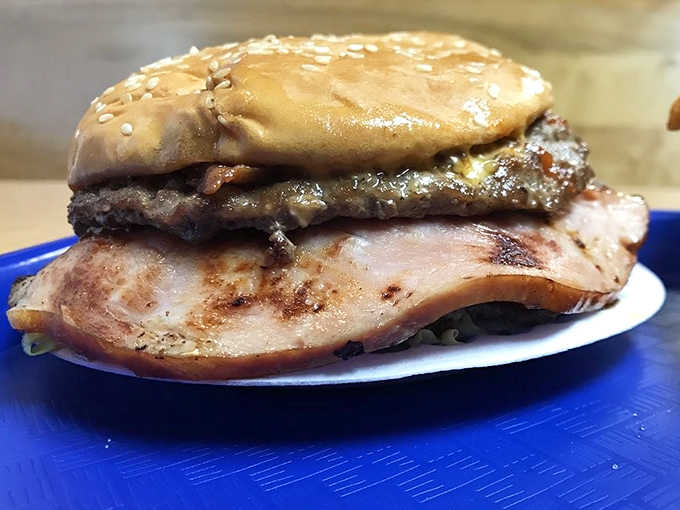 The Bulldog Burger with ham steak defies conventional burger physics&mdash;a towering achievement that would make NASA engineers proud.