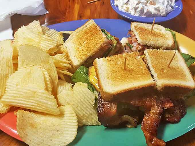 A club sandwich that's stacked higher than my hopes for retirement, with chips that didn't come from a factory three states away.