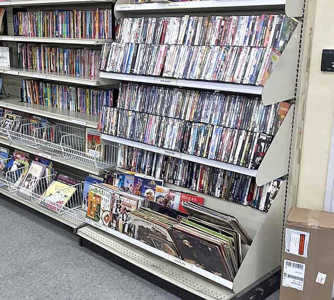 The DVD wall: where forgotten blockbusters and cult classics live together in plastic-cased harmony.