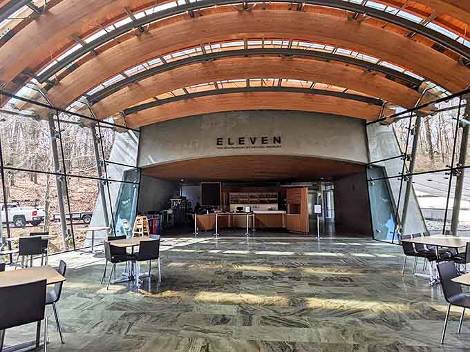 Eleven restaurant at Crystal Bridges serves culinary masterpieces under a soaring wooden ceiling&mdash;where the architecture is as thoughtfully crafted as the menu.