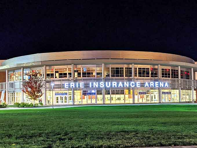 Erie Insurance Arena glows at night, hosting everything from hockey games to concerts. All the entertainment of big cities without the parking nightmares.