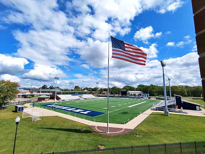 Trine University's athletic facilities bring collegiate energy to Angola, with events that unite town and gown under the same American flag.