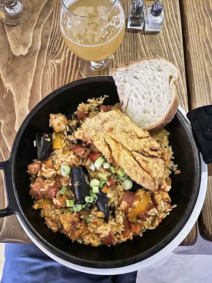 Jambalaya that brings the bayou to Maine. A cast iron skillet filled with rice, seafood, and spice&mdash;proof that good food knows no borders.