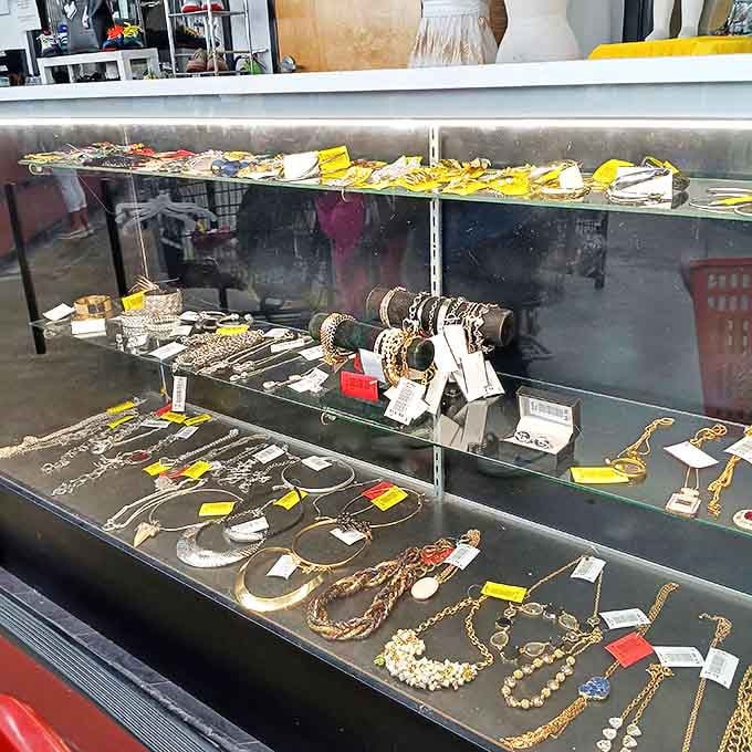 Behind glass, yesterday's jewelry sparkles with possibility&mdash;each piece whispering tales of special occasions from proms to anniversaries past.