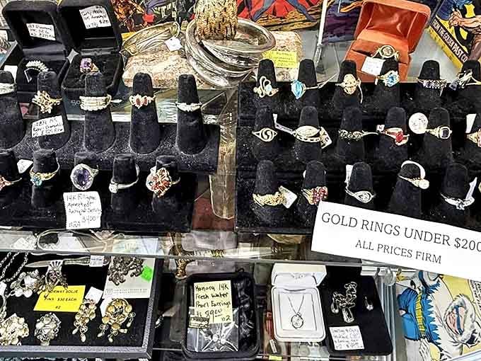 Tiny treasures with enormous stories. Each ring once symbolized a promise, celebration, or milestone before landing in this velvet-lined limbo.